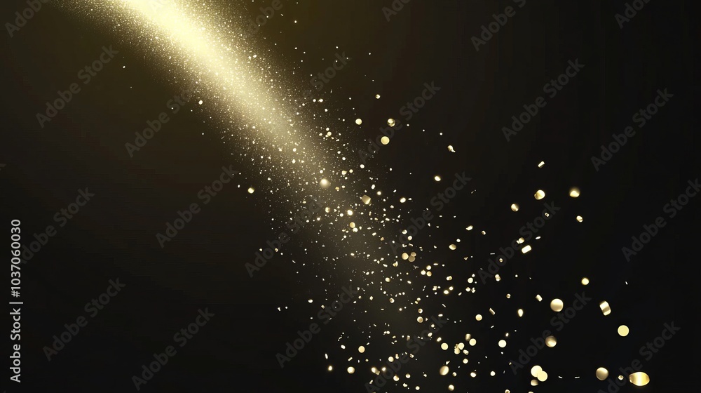 Sparkling dynamic stream of golden particles isolated on plain black ...