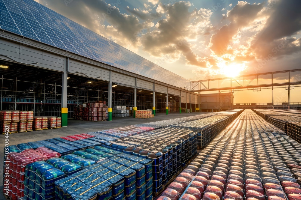 Eco-friendly warehouse with solar panels on the roof, energy-efficient ...
