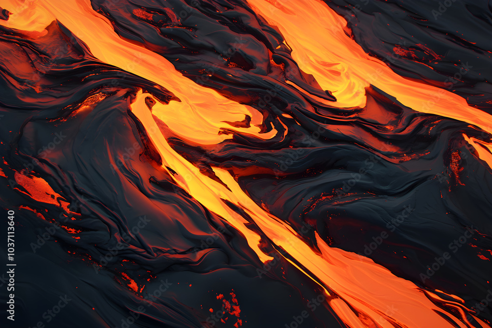 Volcanic eruption process. Closeup texture of flowing hot lava and ...