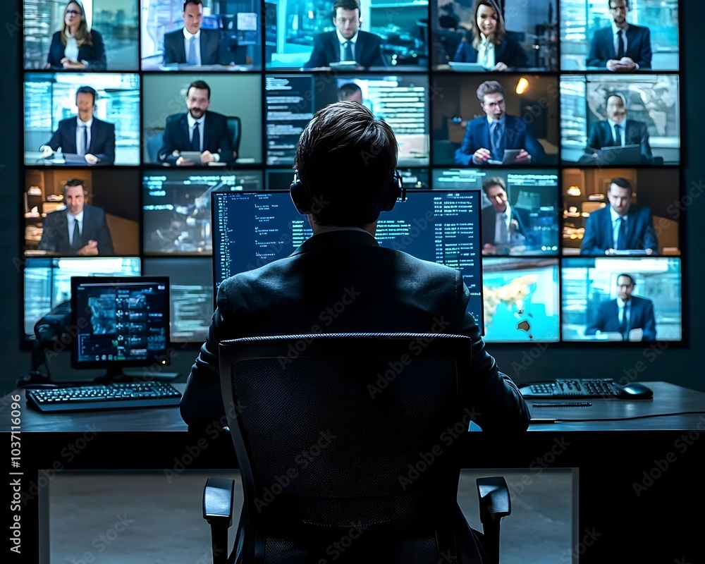 Businessperson in Global Video Conference Connecting with Colleagues ...