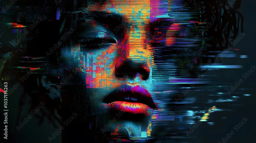 Glitch art portrait where the face is distorted by colorful pixelation ...