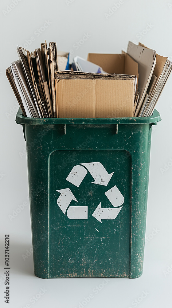 Green recycling bin overflowing with cardboard and paper, promoting ...