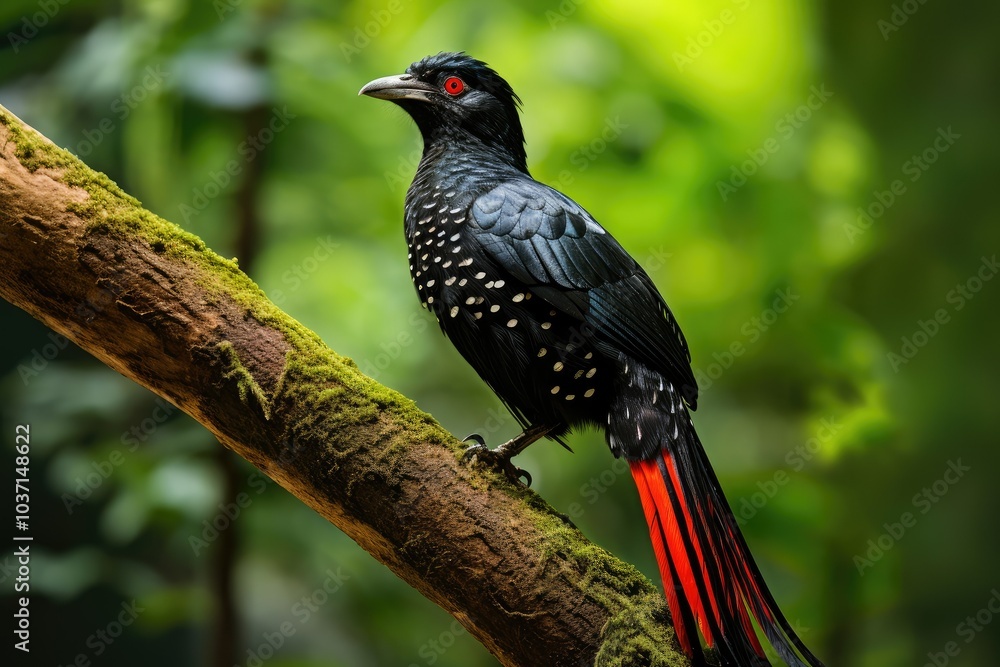 The Asian koel bird stands elegantly on a mossy branch showcasing its ...