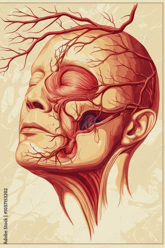 Anatomical illustration of a human head with visible internal ...