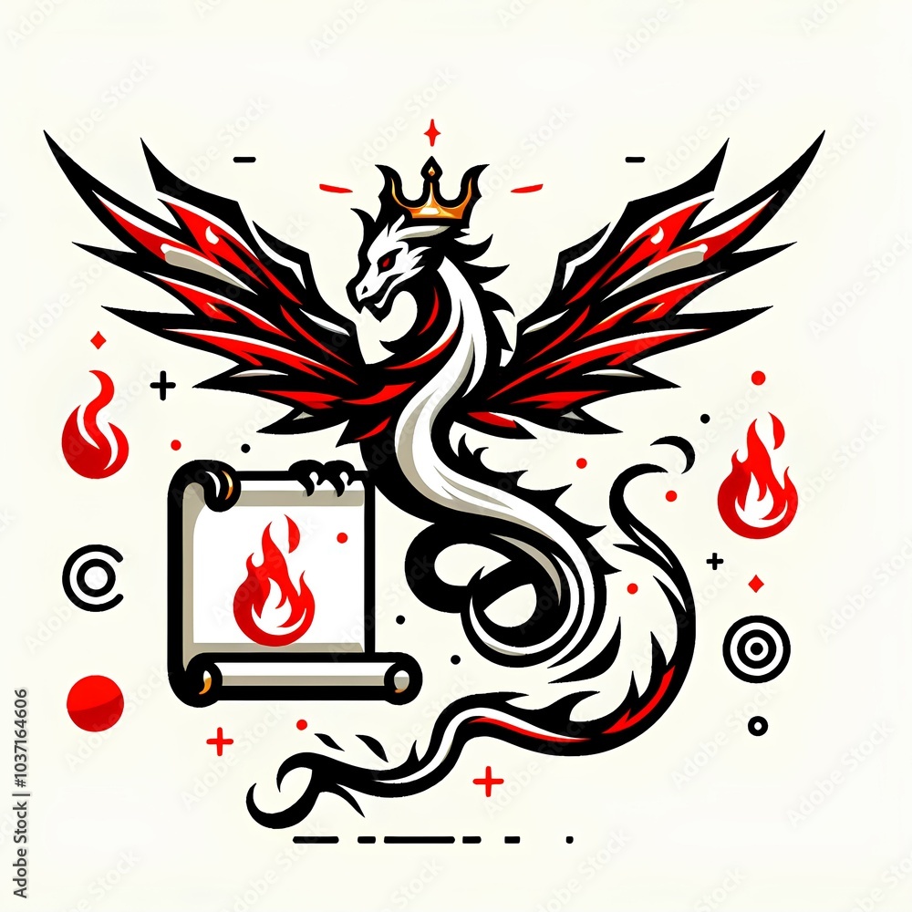 dragon figure with fiery wings, soaring from a scroll parchment, fire ...
