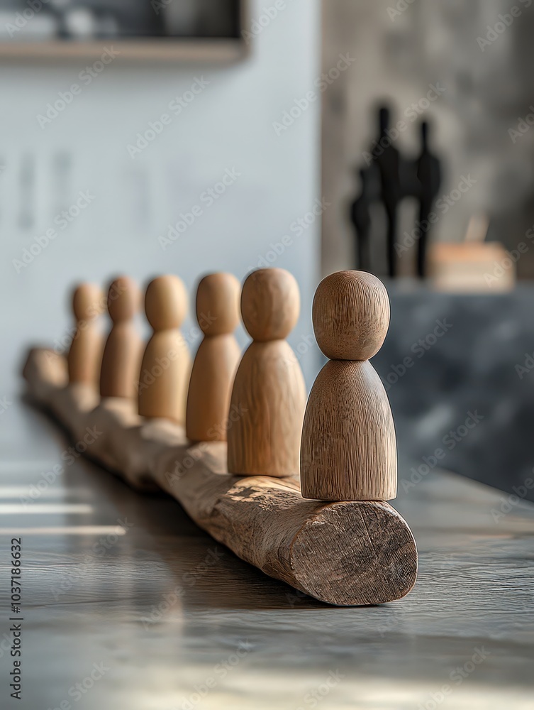 Wooden figurines aligned on a log, symbolizing unity, teamwork, and ...
