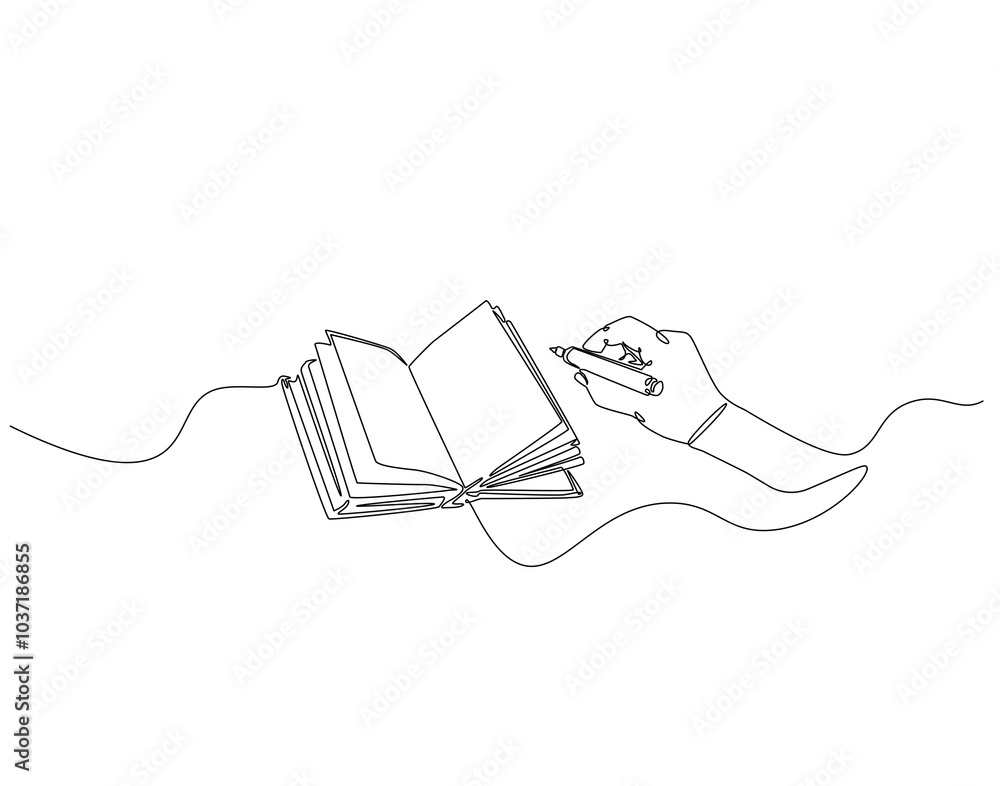 Continuous one line drawing of hand writing in book. One line drawing ...