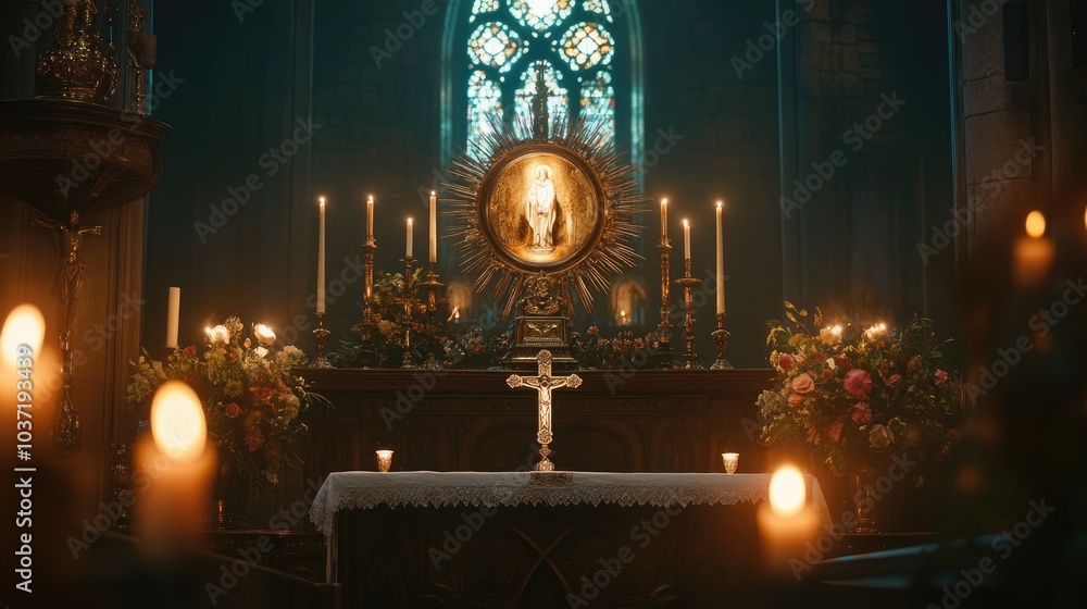 Elegant altar scene in a church with a shimmering monstrance ...