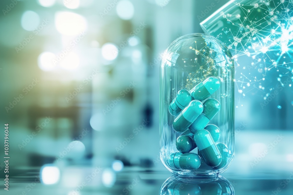 Vivid green capsules with holograms in a sleek modern lab Stock Photo ...