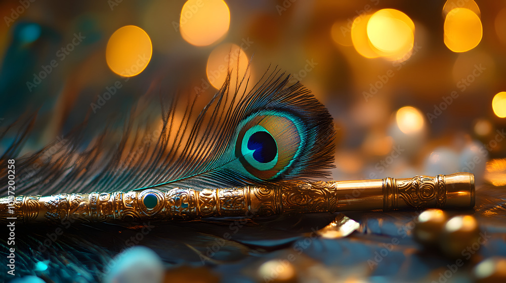 Beautiful peacock feather and flute as symbol of Hindu god Lord Krishna ...