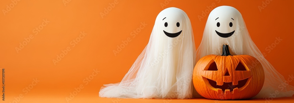 Charming Halloween scene featuring two smiling ghosts with simple ...