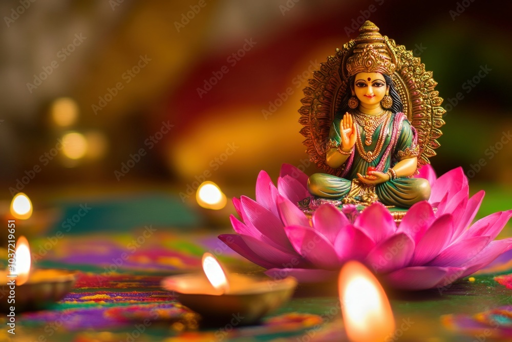 Goddess lakshmi statue sitting on a lotus flower surrounded by lights ...