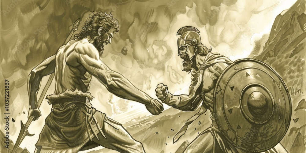 young shepherd David faces the imposing giant Goliath preparing for ...