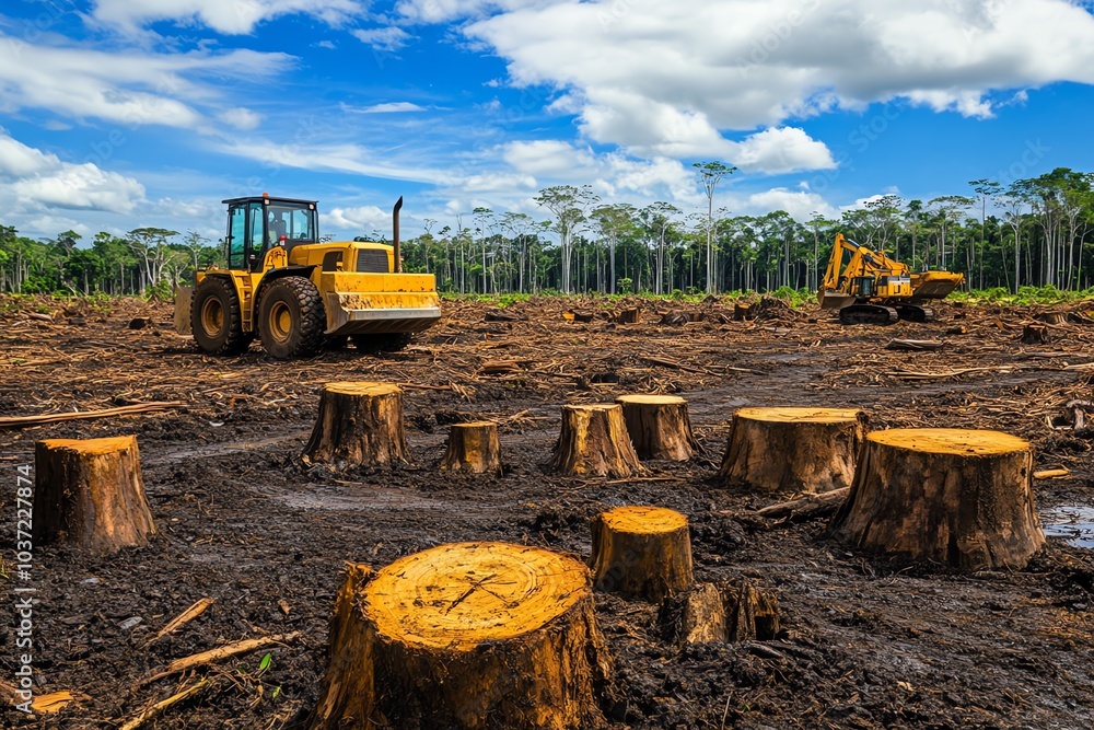 Chantier de déforestation avec bulldozer et arbres abattus Stock Photo ...