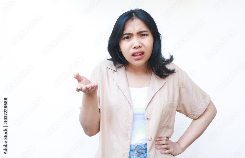 confused asian woman wear casual clothes with raised palms questioning ...