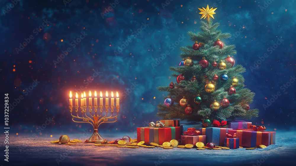 Merry Chrismukkah with Christmas tree gifts and Hanukkah menorah ...