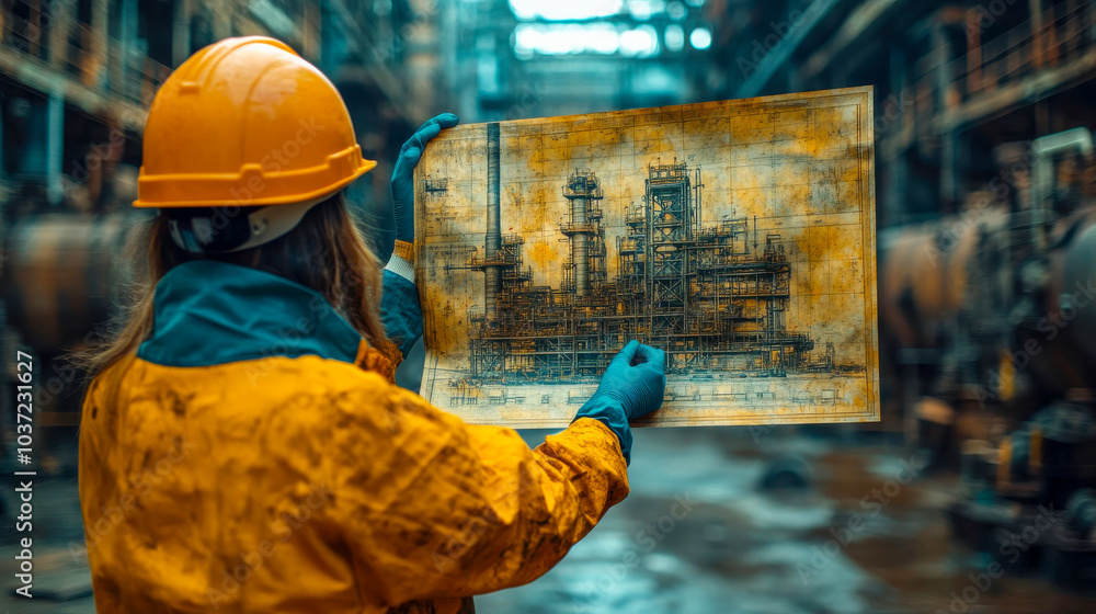 Industrial engineer holding a detailed architectural drawing ...