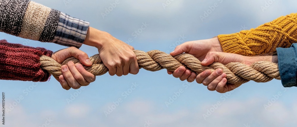 Tug of War, teamwork and rivalry, diverse hands gripping rope ...