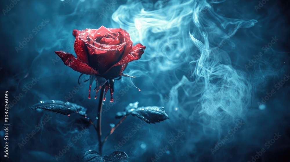 A single red rose dripping with blood, glowing under mystical light ...