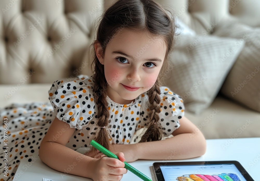 Young girl with braids engages in creative activity using a tablet in a ...