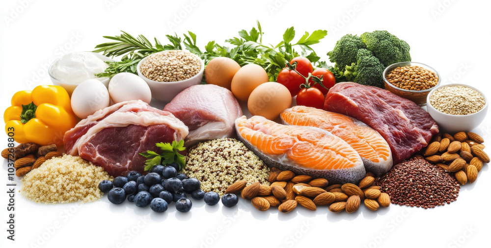 Fresh protein rich foods including meats, fish, eggs, and nuts arranged ...