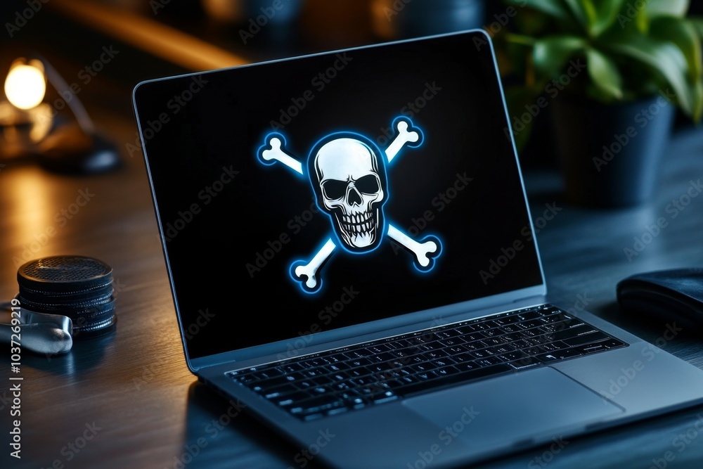 Black hat hacking, represented with a laptop screen showing a skull and ...