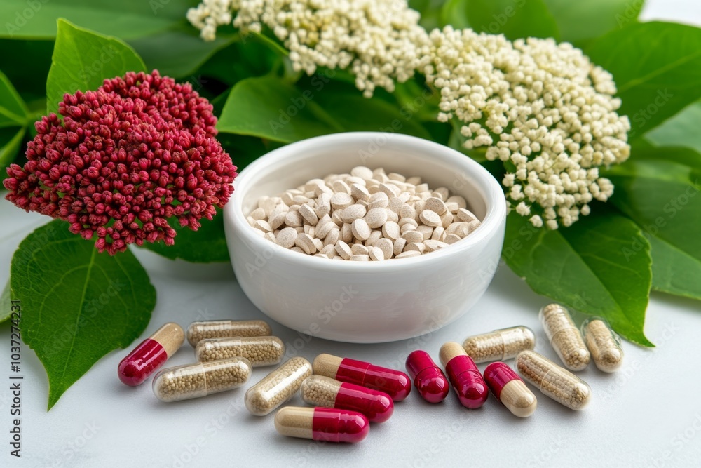 Herbal supplements, depicted in a natural scene with capsules and ...