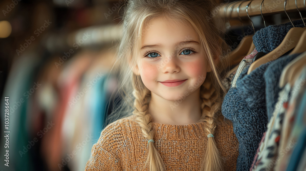 Little girl picking clothes from a rack, cute and innocent moment ...