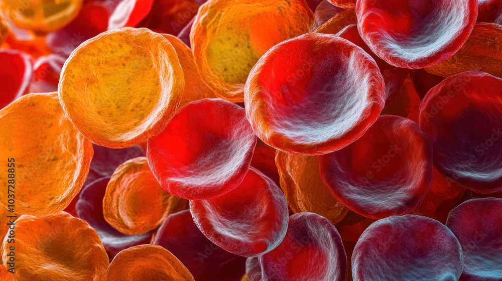 Microscopic view of red blood cells, illustrating their structure and ...