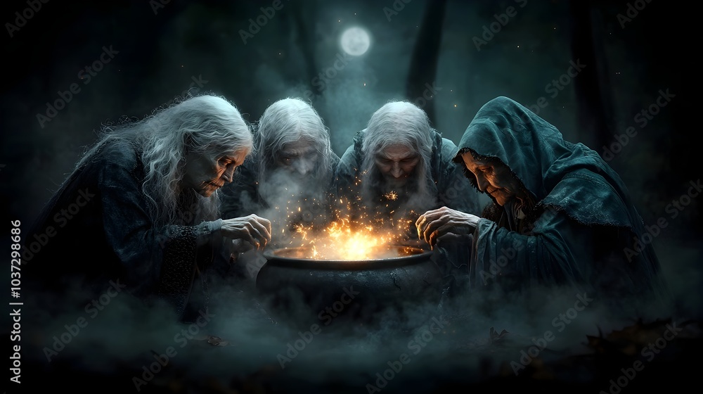 Four elderly crone witches huddled over a bubbling roiling cauldron in ...