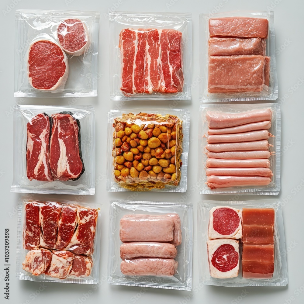 A selection of artificial meats in packaging, displayed from a top-down ...