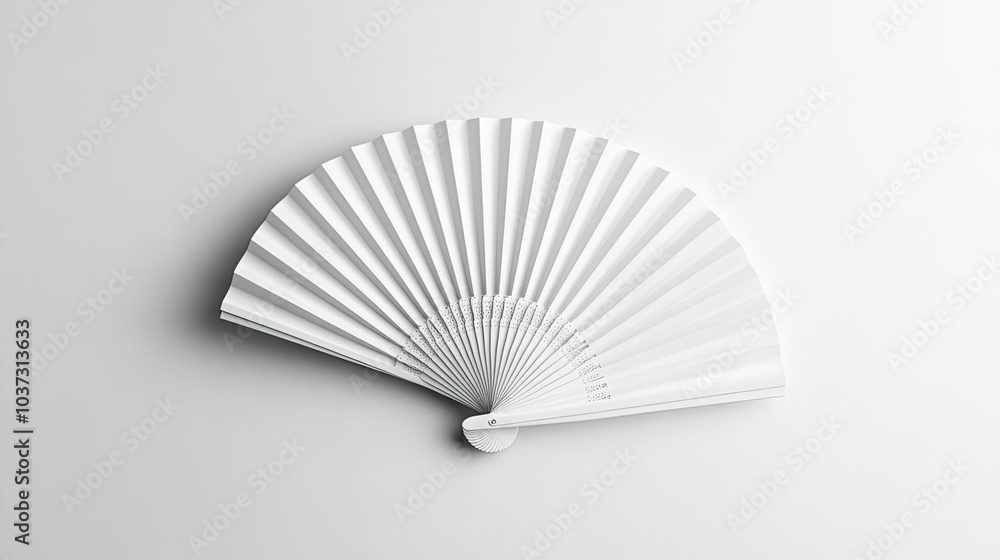 A simple and clean white folding hand fan mockup, displayed fully open ...