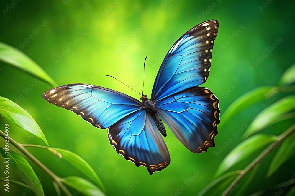 Morpho Menelaus Blue Butterfly in Flight on Lush Green Background with ...