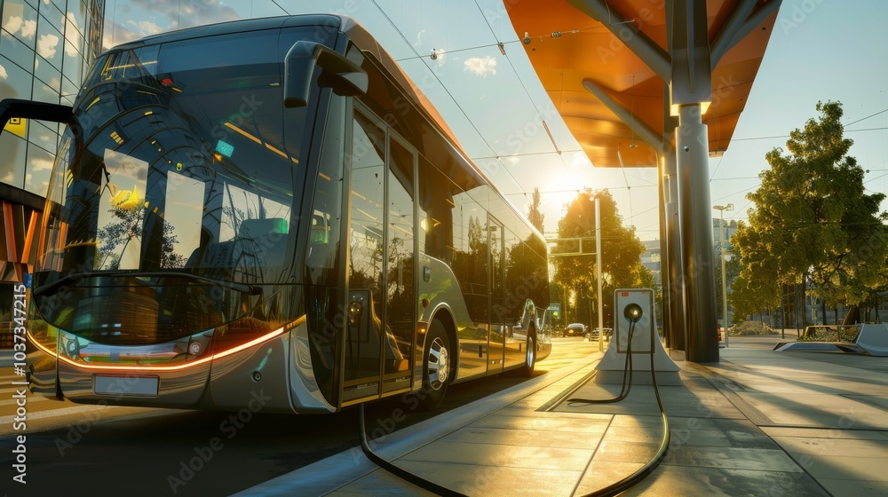 A modern electric bus charging at a sleek transit hub, with focus on ...