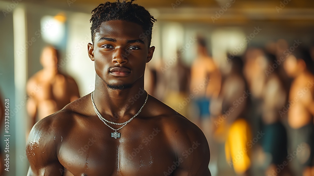 A high school senior firefighter flexes in a tight t-shirt during gym ...