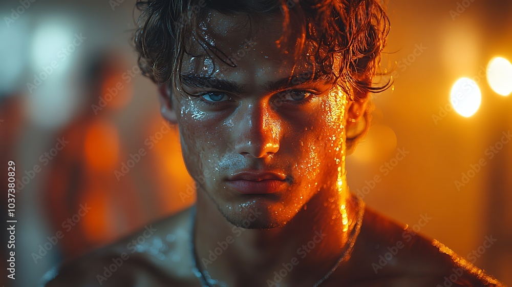 A muscular high school senior firefighter flexes confidently in gym ...