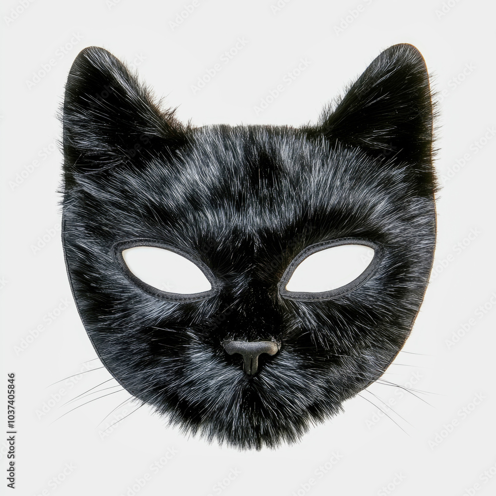 Fluffy half mask of a black cat on a white background for quadrobics ...