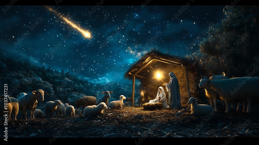 Sacred digital illustration representing Nativity scene in Bethlehem ...