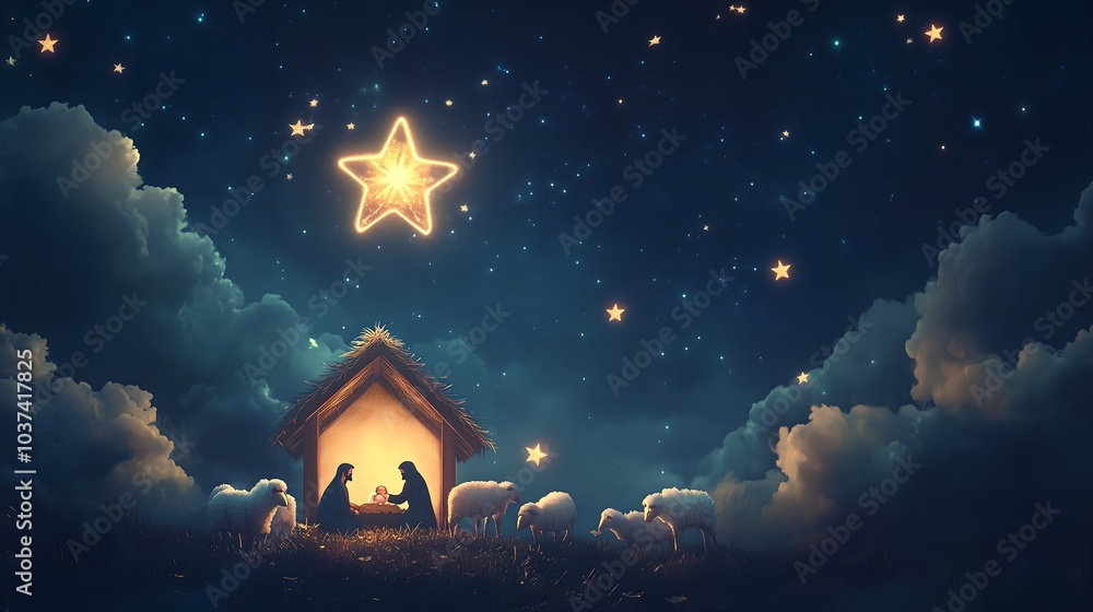 Sacred digital illustration representing Nativity scene in Bethlehem ...