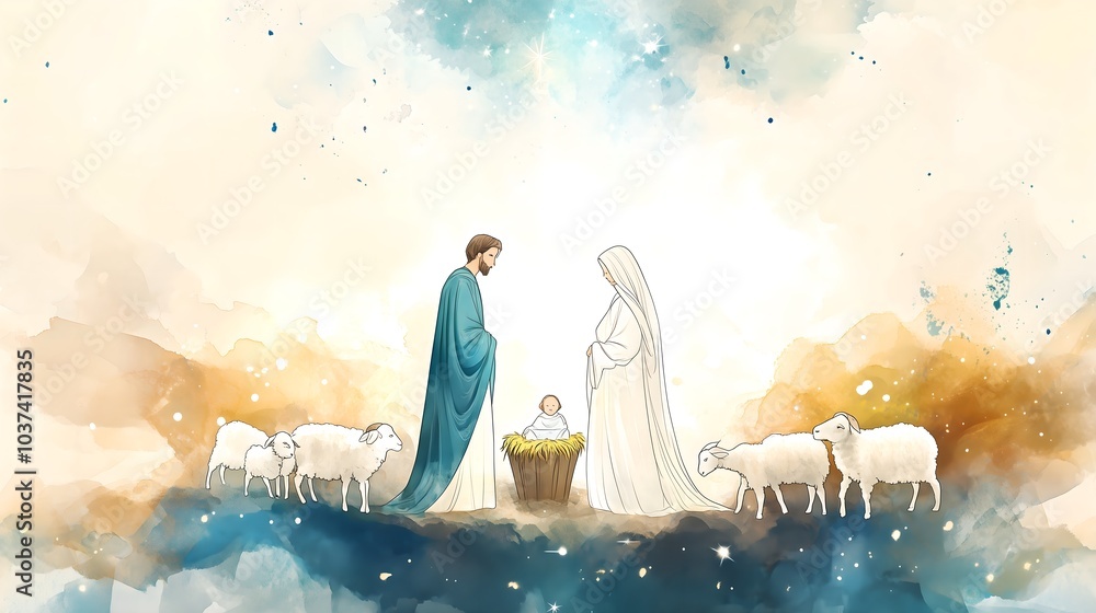 Watercolor painting representing Nativity scene in Bethlehem.Christmas ...