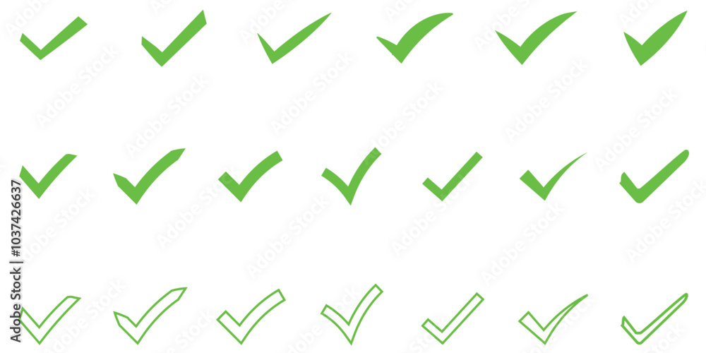 Green check mark icon set. Tick symbol in green color. Hand-drawn ...