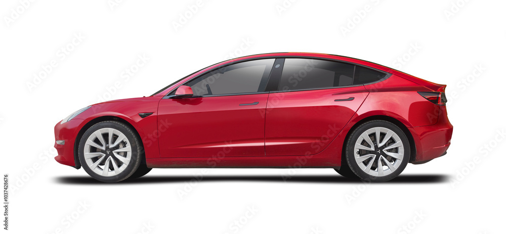 Tesla Model 3 car with red color side view isolated on transparent ...