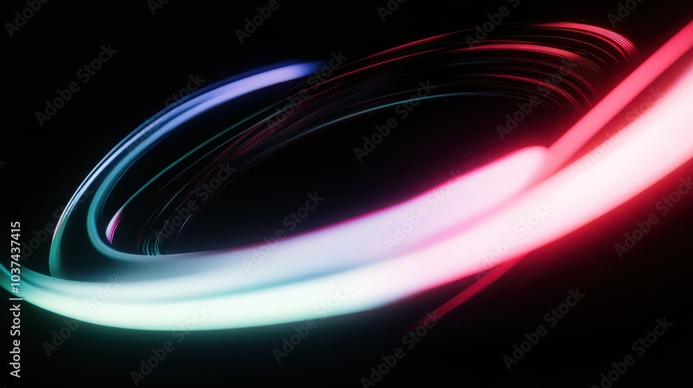 Abstract light trails with neon colors in a dark background forming ...