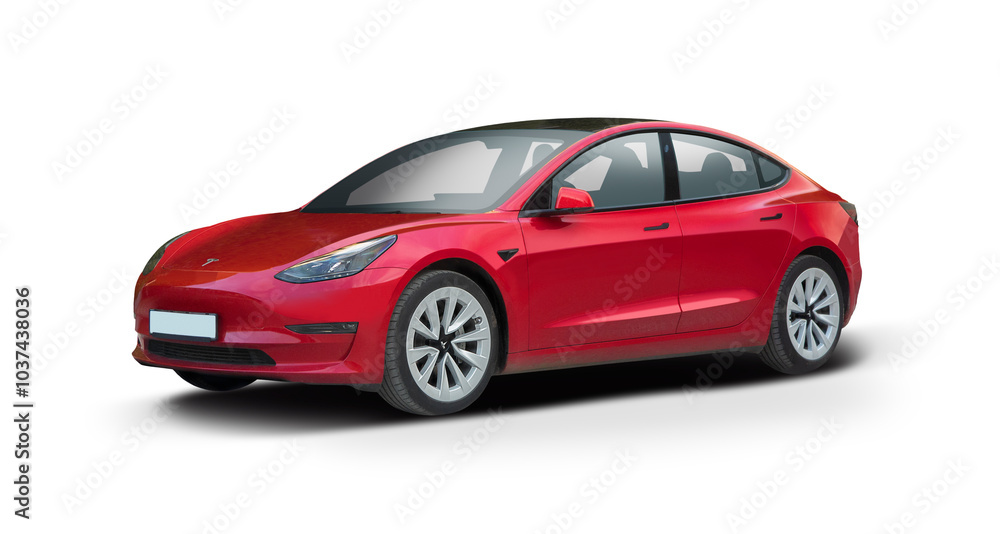 Tesla Model 3 car with red color side view isolated on transparent ...
