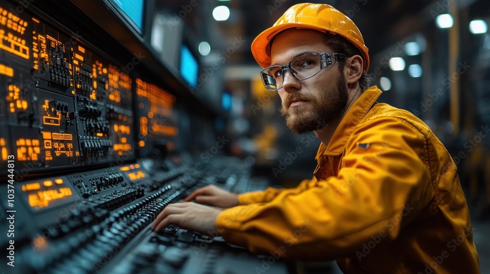 Employee working with a programmable logic controller PLC in a factory ... Employee working with a programmable logic controller PLC in a factory ...