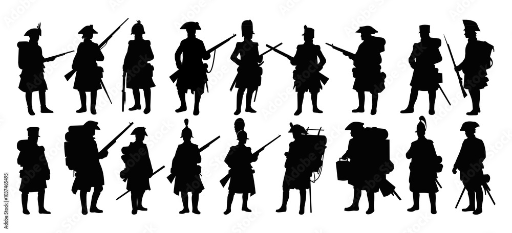 Silhouettes of historical soldiers are shown holding various weapons ...