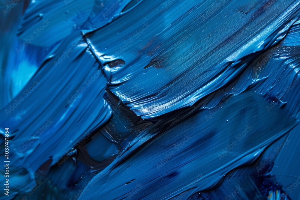 Thick blue paint is spread in textured strokes. Concept of creativity ...