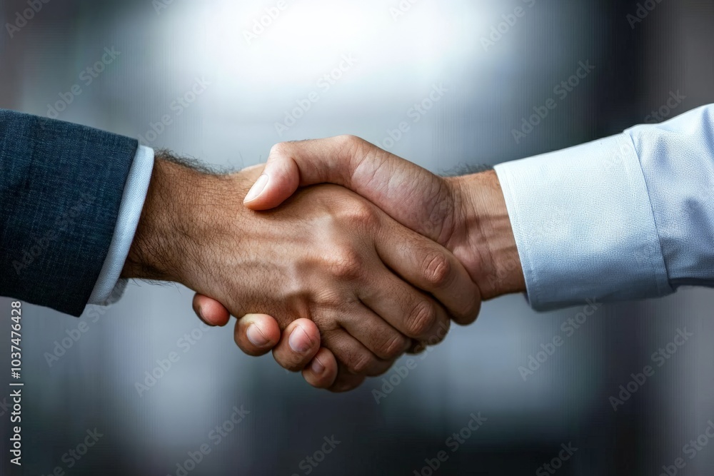 A close-up shot captures a firm handshake between two men's hands, one ...