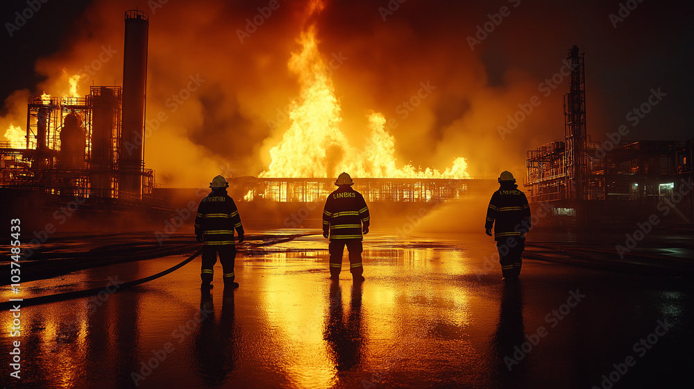 A group of firefighters use fire hoses to battle intense flames at ...