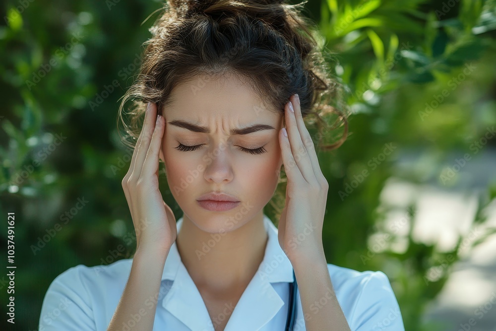 Young female doctor feeling overwhelmed at work, standing outdoors ...